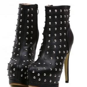 Luxury Black And White Rivets High Heel Fashion Boots on Luulla