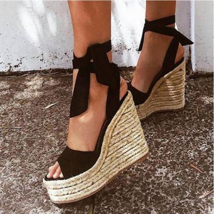 Elegant Women Lace Up Wedge Platform Sandals on Luulla