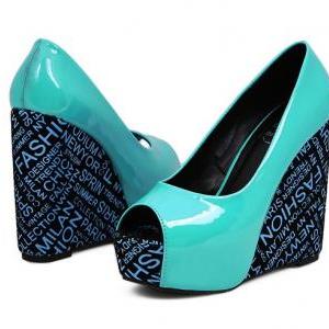 Azure Wedge Heels Color Block Peep Toe Sandals on Luulla
