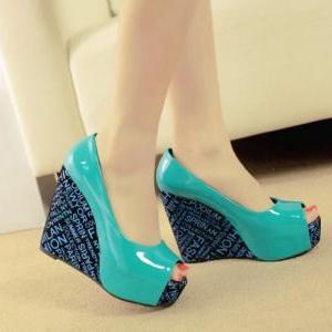 Azure Wedge Heels Color Block Peep Toe Sandals on Luulla