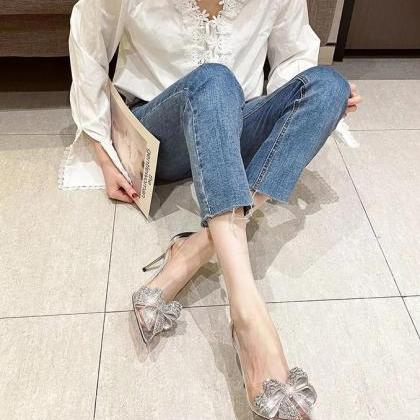 Beautiful Pointed Toe Rhinestone Bow Pvc Transparent Women Pumps on Luulla
