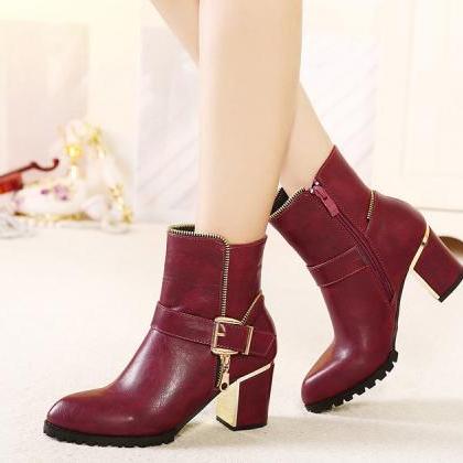 Classy Wine Red Side Zipper Design Chunky Heel Boots In Wine Red on Luulla