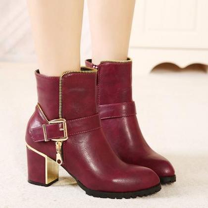Classy Wine Red Side Zipper Design Chunky Heel Boots In Wine Red on Luulla
