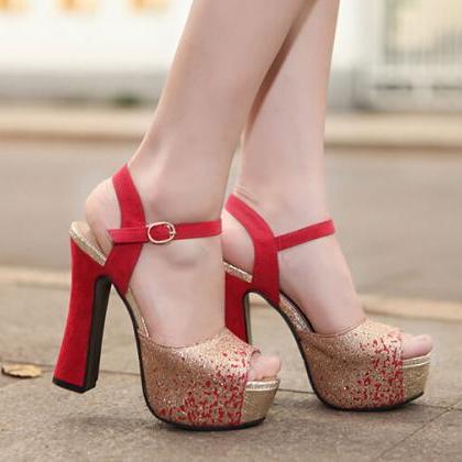 Peep Toe Red And Gold High Heels Fashion Sandals on Luulla