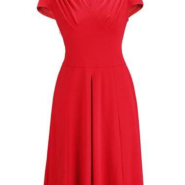 Vintage Inspired Red V Neck A Line Dress on Luulla