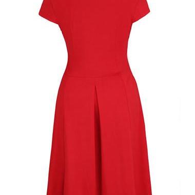 Vintage Inspired Red V Neck A Line Dress on Luulla