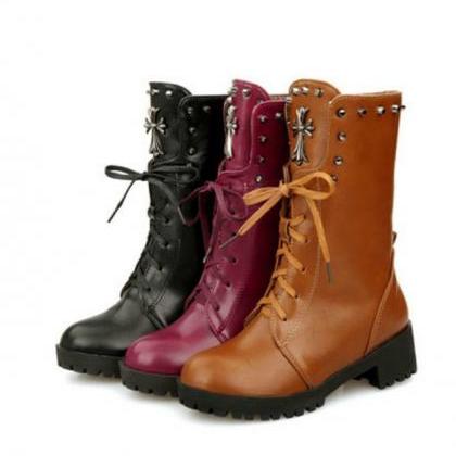 Studded Black Chunky Heel Lace Up Boots on Luulla