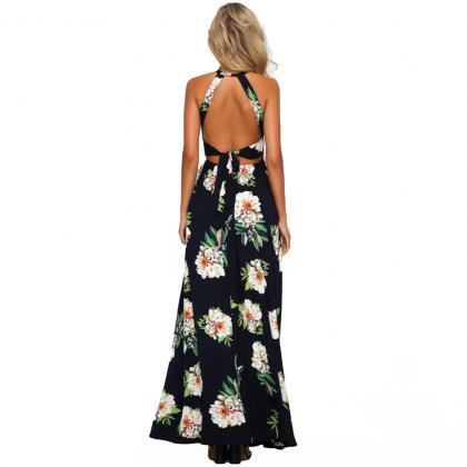 Boho Floral Print Dark Blue Summer Maxi Dress on Luulla