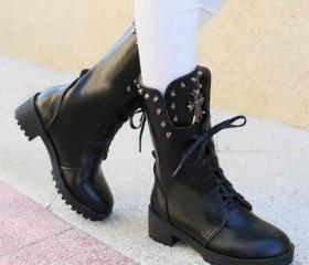 Studded Black Chunky Heel Lace Up Boots on Luulla