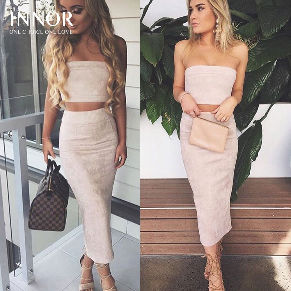 Sexy Two Piece Suede Bodycon Top And Skirt Dress Set on Luulla