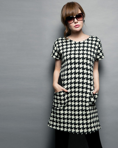 Hounds Tooth Pattern Short Sleeve Dress on Luulla