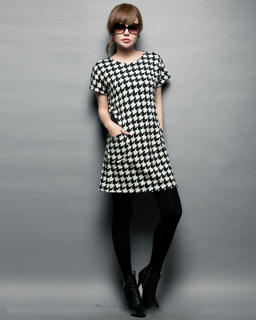 Hounds Tooth Pattern Short Sleeve Dress on Luulla