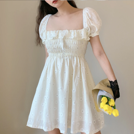 Beautiful Summer White Puff Sleeve Ruffled Dress on Luulla