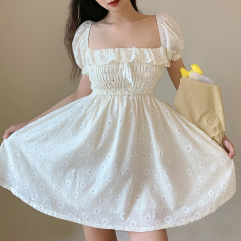 Beautiful Summer White Puff Sleeve Ruffled Dress on Luulla