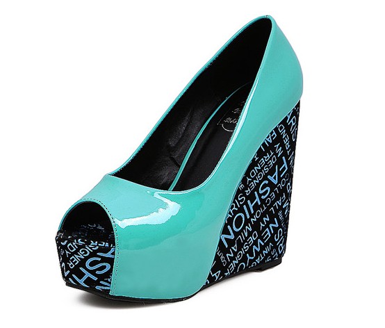 Azure Wedge Heels Color Block Peep Toe Sandals on Luulla