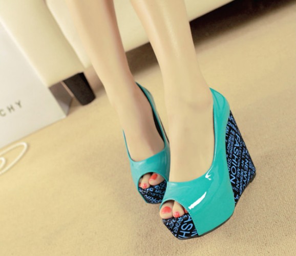 Azure Wedge Heels Color Block Peep Toe Sandals on Luulla