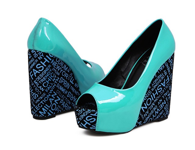 Azure Wedge Heels Color Block Peep Toe Sandals on Luulla