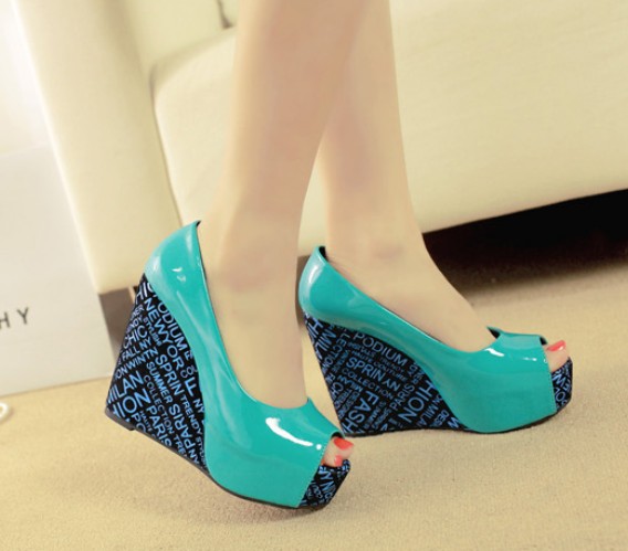 Azure Wedge Heels Color Block Peep Toe Sandals on Luulla