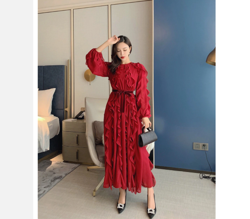 Vintage Wine Red Ruffles Dress on Luulla