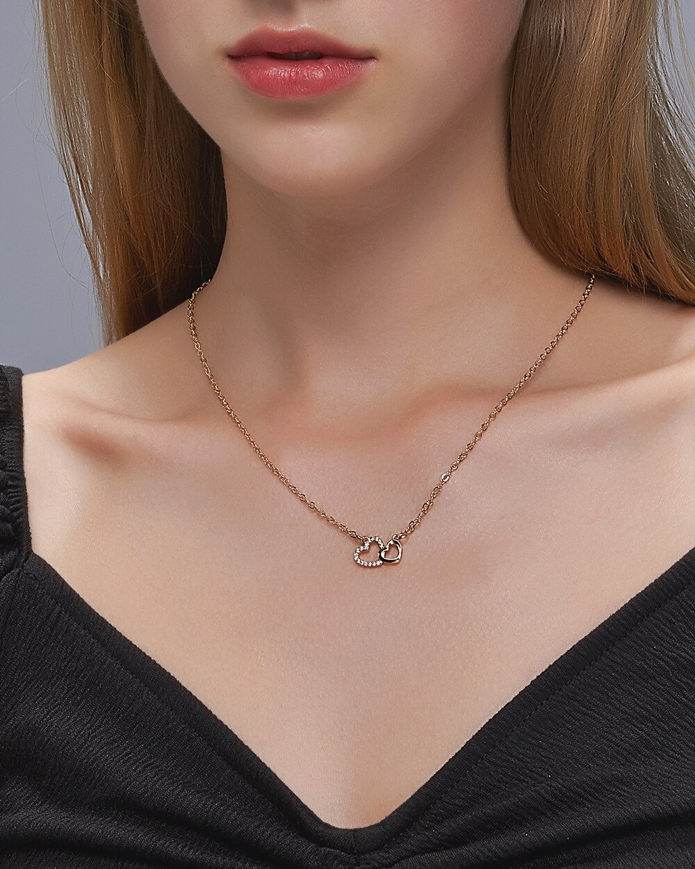 Korean Fashion Trendy Jewelry Double Heart Chain Link Necklace on Luulla