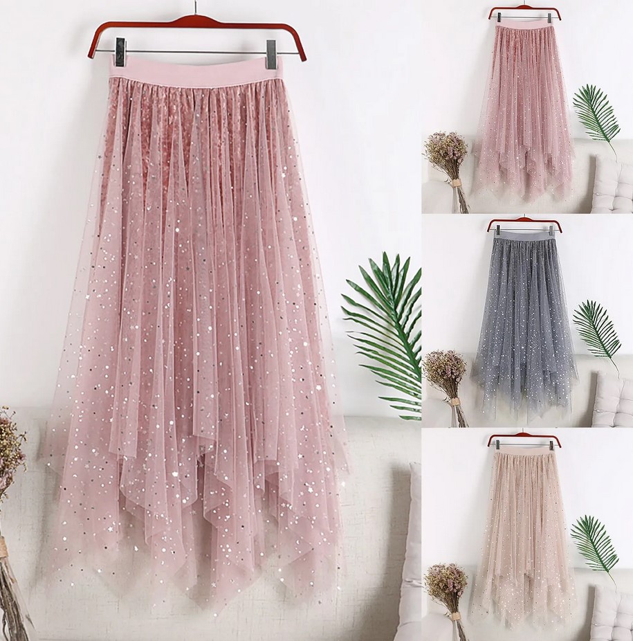 Star Sequins Mesh Tutu Skirt Shiny Elastic Waist Long Tulle A-line ...