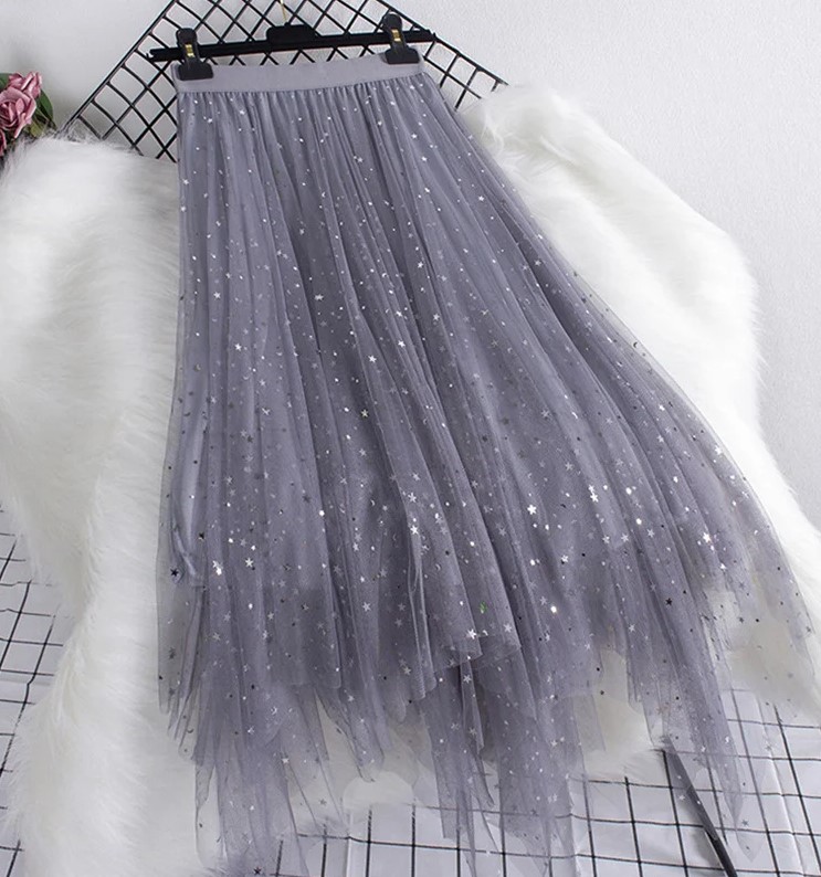 Star Sequins Mesh Tutu Skirt Shiny Elastic Waist Long Tulle A-line ...