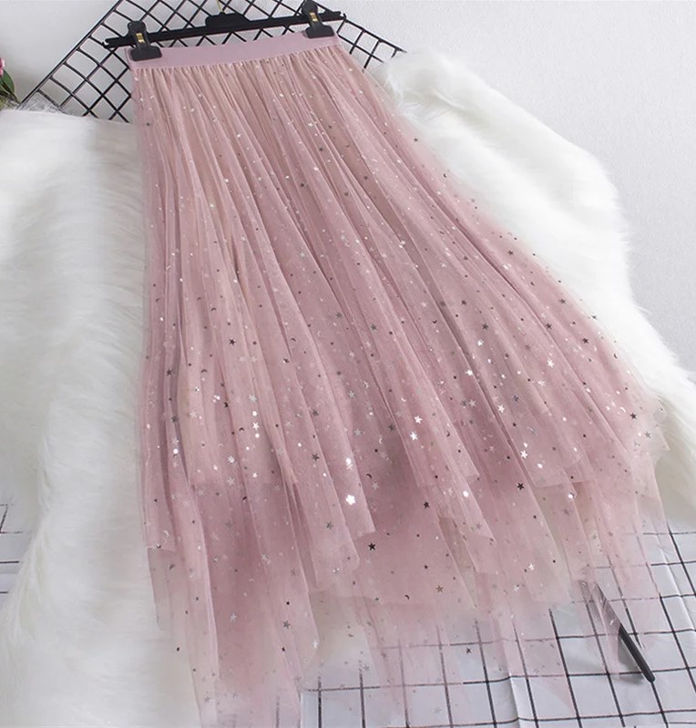 Star Sequins Mesh Tutu Skirt Shiny Elastic Waist Long Tulle A-line ...