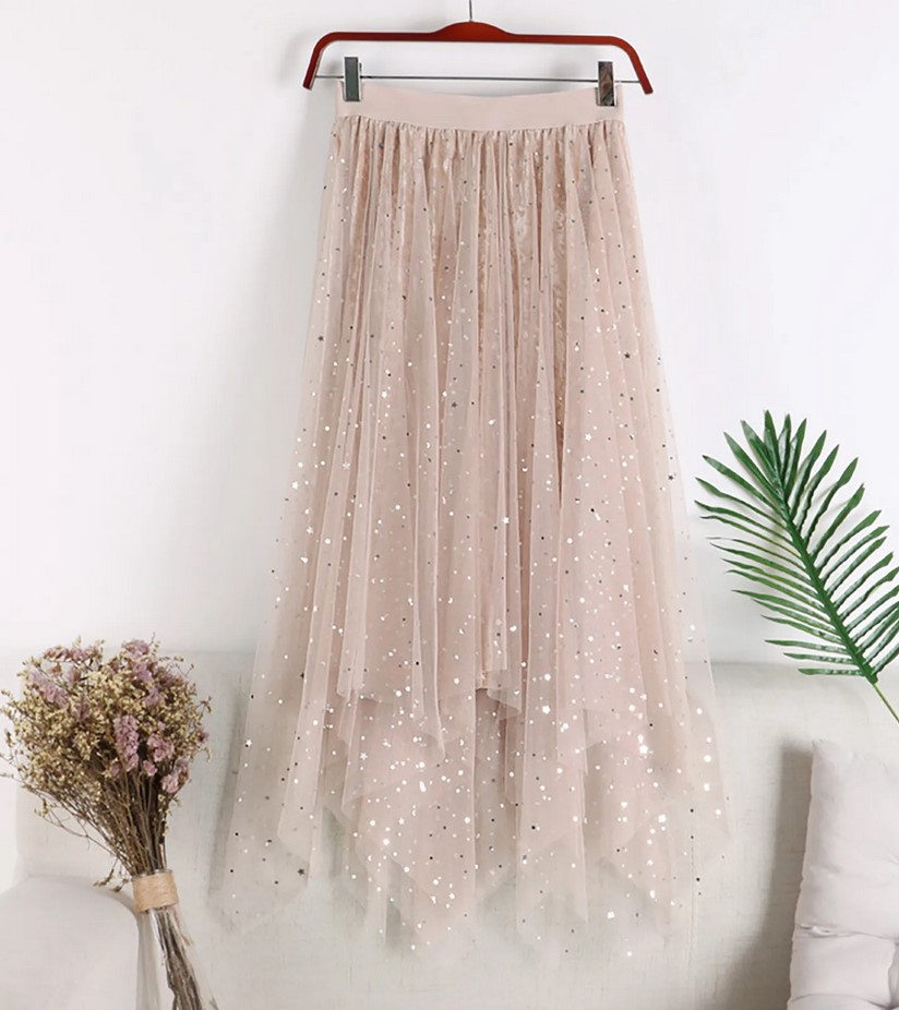 Star Sequins Mesh Tutu Skirt Shiny Elastic Waist Long Tulle A-line ...