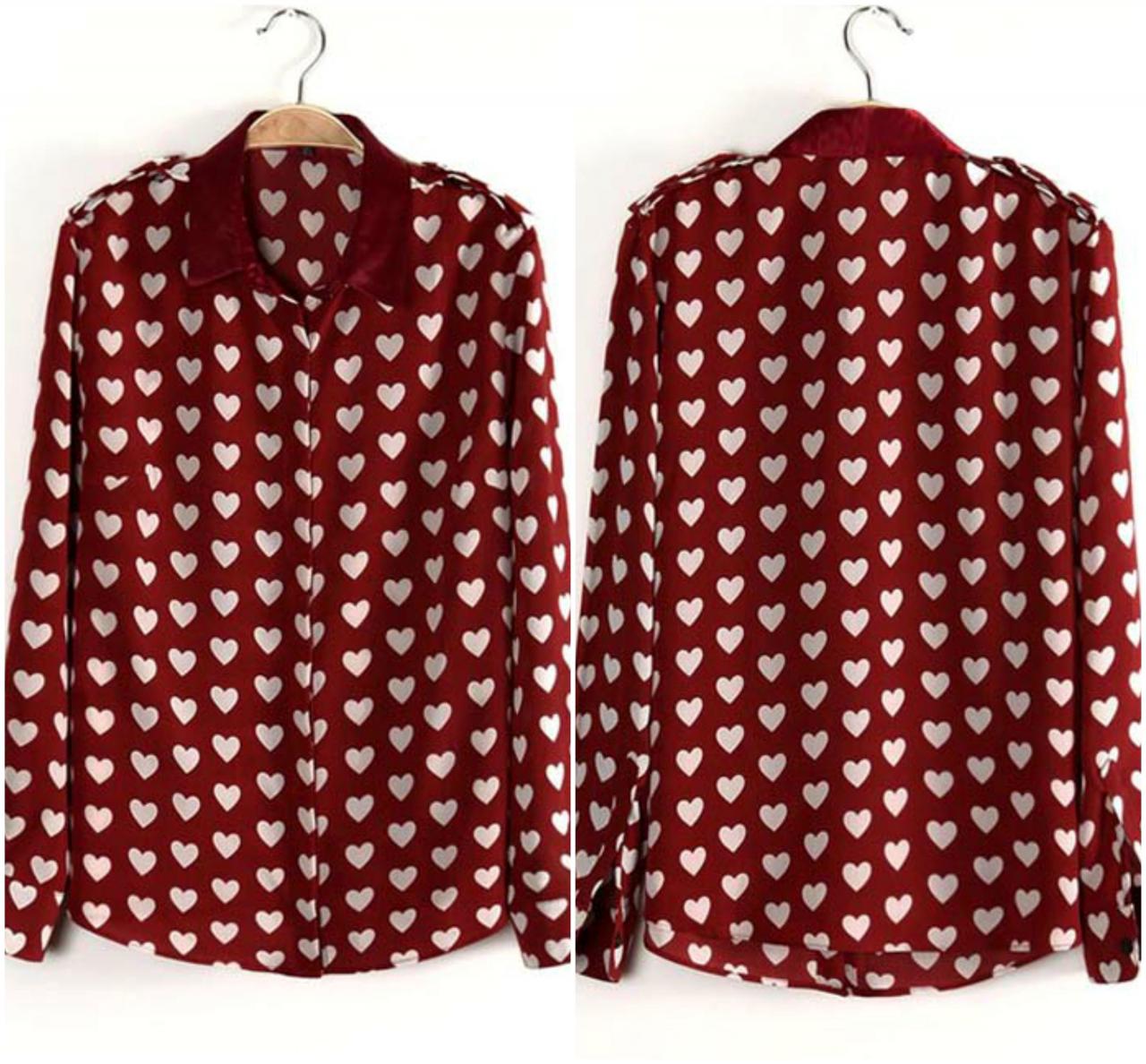 Preppy Heart Pattern Wine Red Long Sleeve Top on Luulla