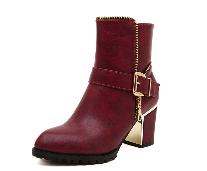 Classy Wine Red Side Zipper Design Chunky Heel Boots In Wine Red on Luulla