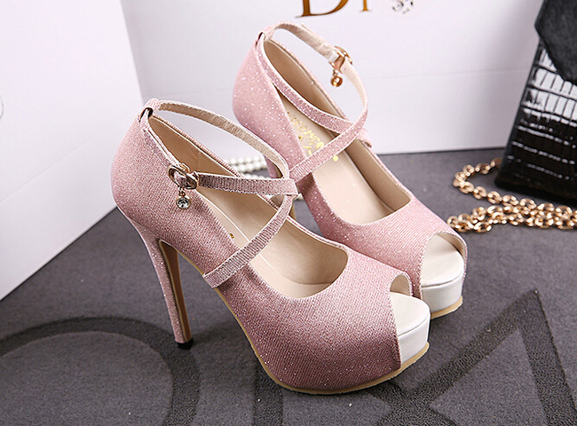 Gorgeous Cross Strap Pink Peep Toe Pumps on Luulla