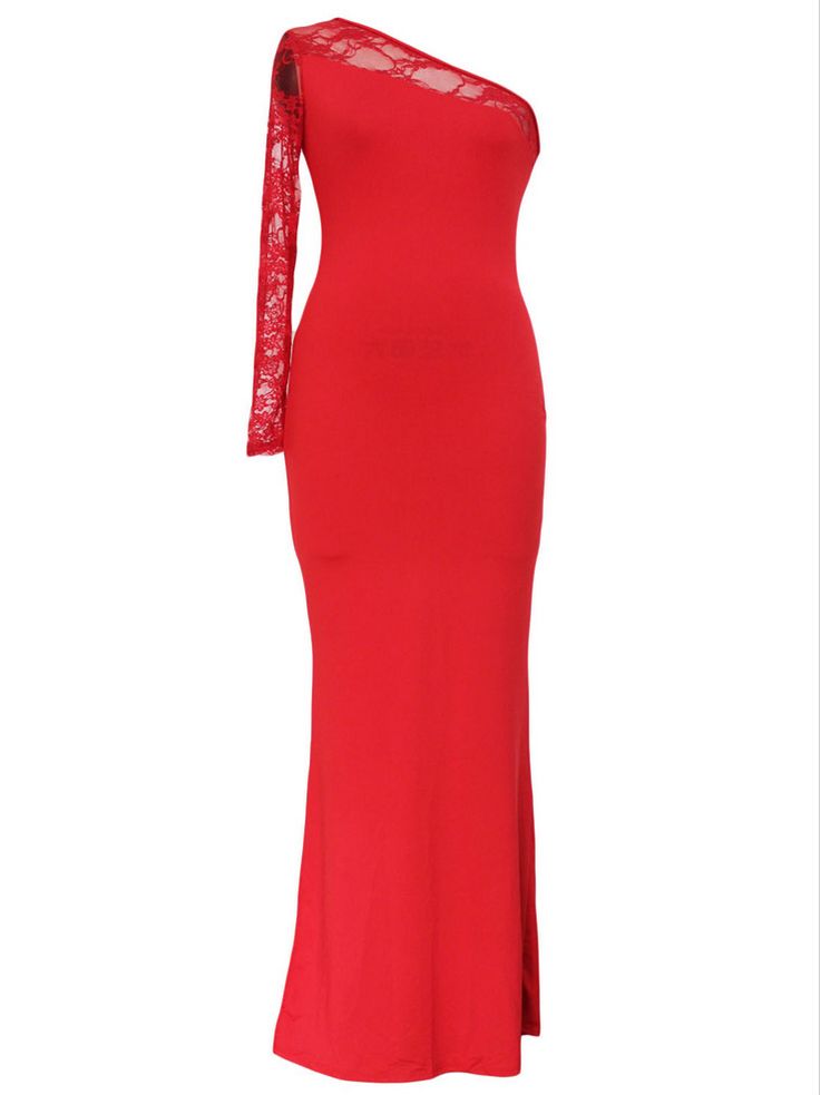 Gorgeous Red One Shoulder Long Dress With Lace Detail on Luulla
