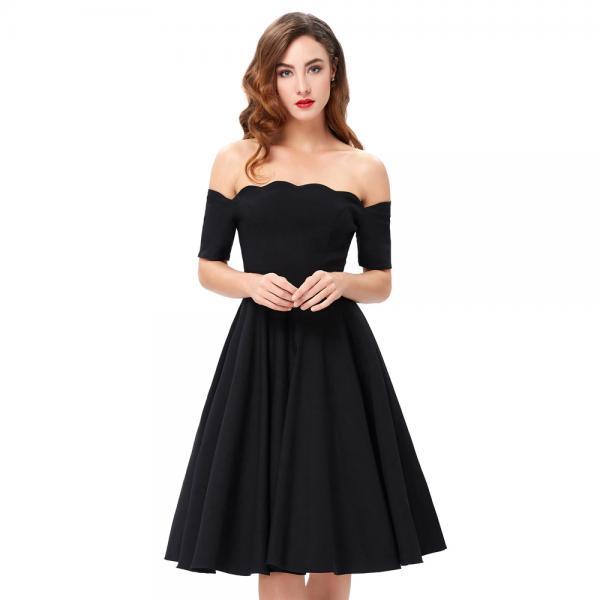 Black Scalloped Off The Shoulder Knee Length Ruffled Skater Dress