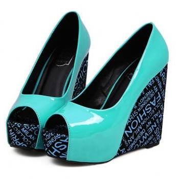 Azure Wedge Heels Color Block Peep Toe Sandals on Luulla