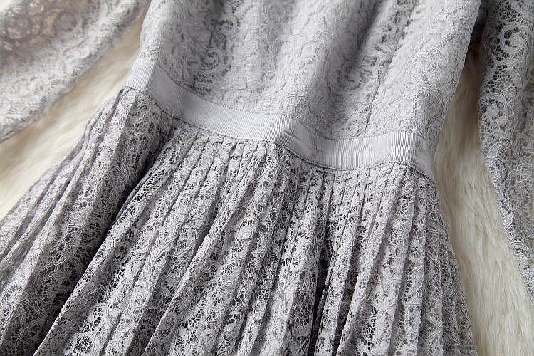 Elegant Long Sleeve Pleated Lace Party Dress on Luulla