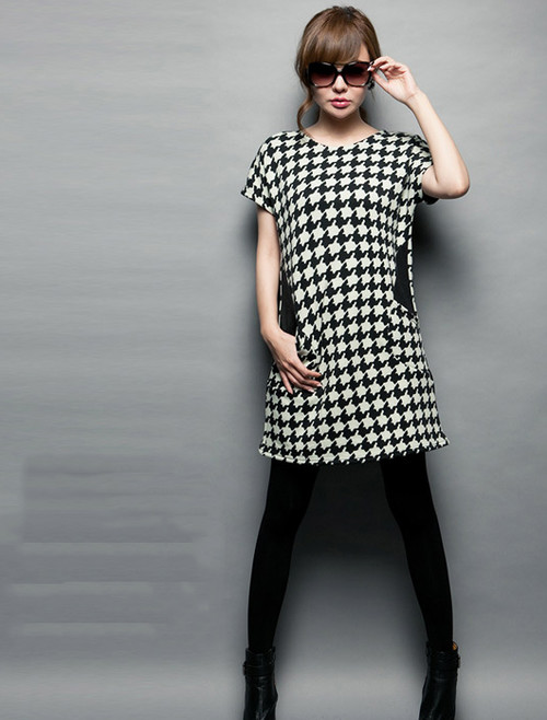 Hounds Tooth Pattern Short Sleeve Dress on Luulla