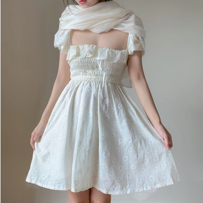 Beautiful Summer White Puff Sleeve Ruffled Dress on Luulla