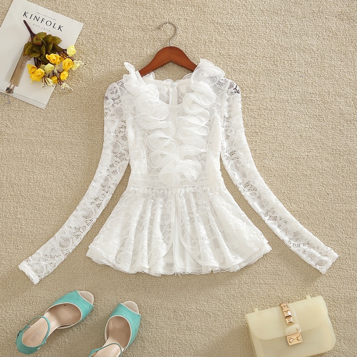 Sweet Floral Lace Shirt Long Sleeve on Luulla