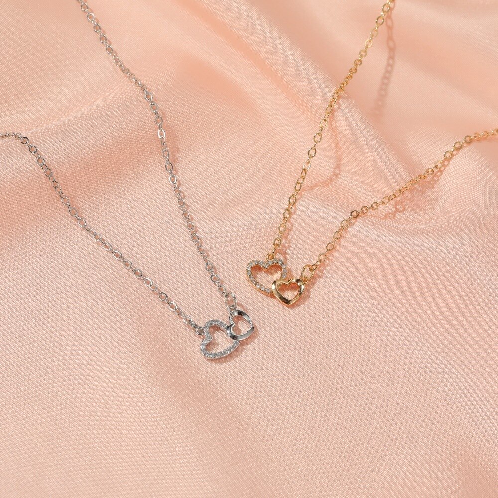 Korean Fashion Trendy Jewelry Double Heart Chain Link Necklace on Luulla