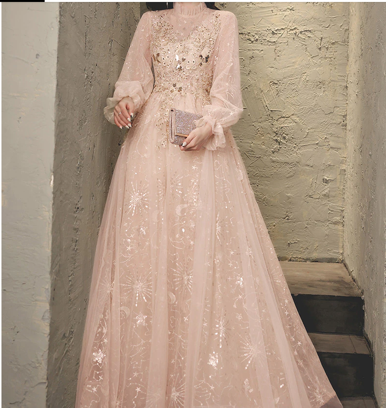Pink Evening Party Dresses With Long Sleeves Modest High Neck A-line ...