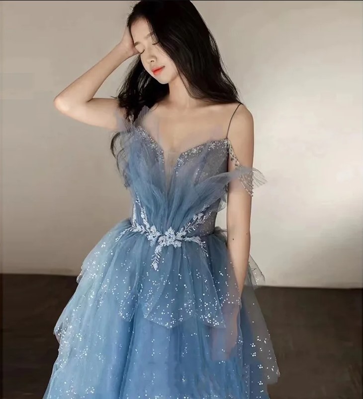 Luxury Tulle Blue Spaghetti Strap Princess Evening Dress on Luulla