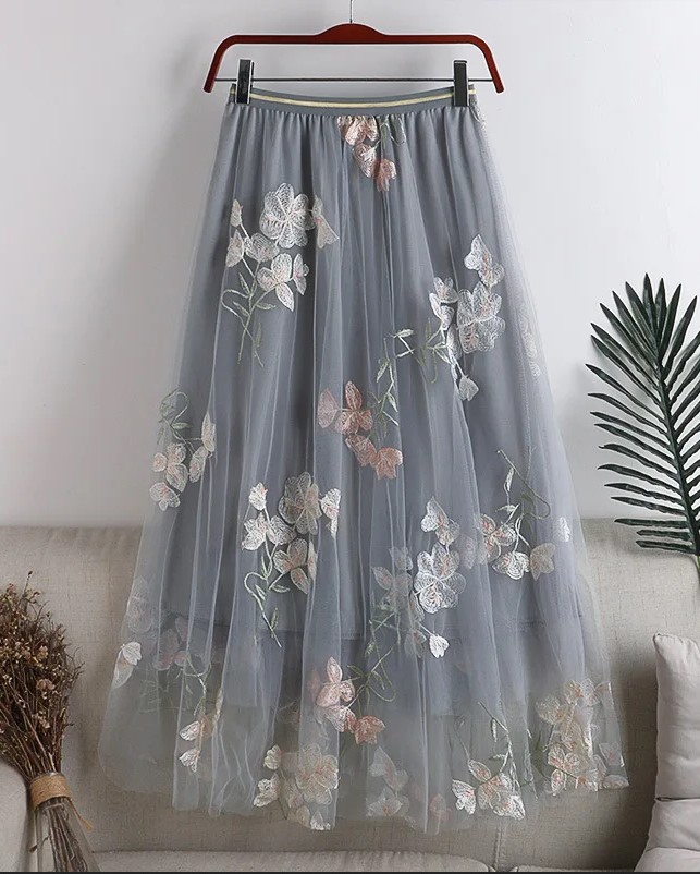 Women Embroidery Flower Tulle Empire Waist Skirt on Luulla