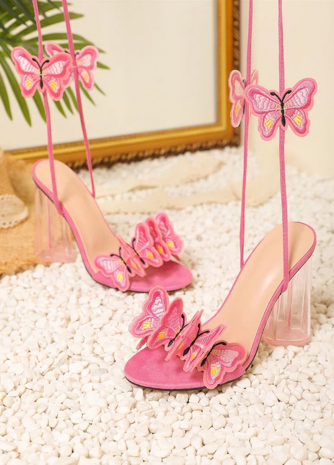Pink Ankle Strap Open Toe Butterfly High Heels Sandals on Luulla