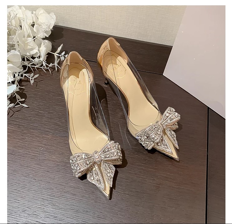 Beautiful Pointed Toe Rhinestone Bow Pvc Transparent Women Pumps on Luulla