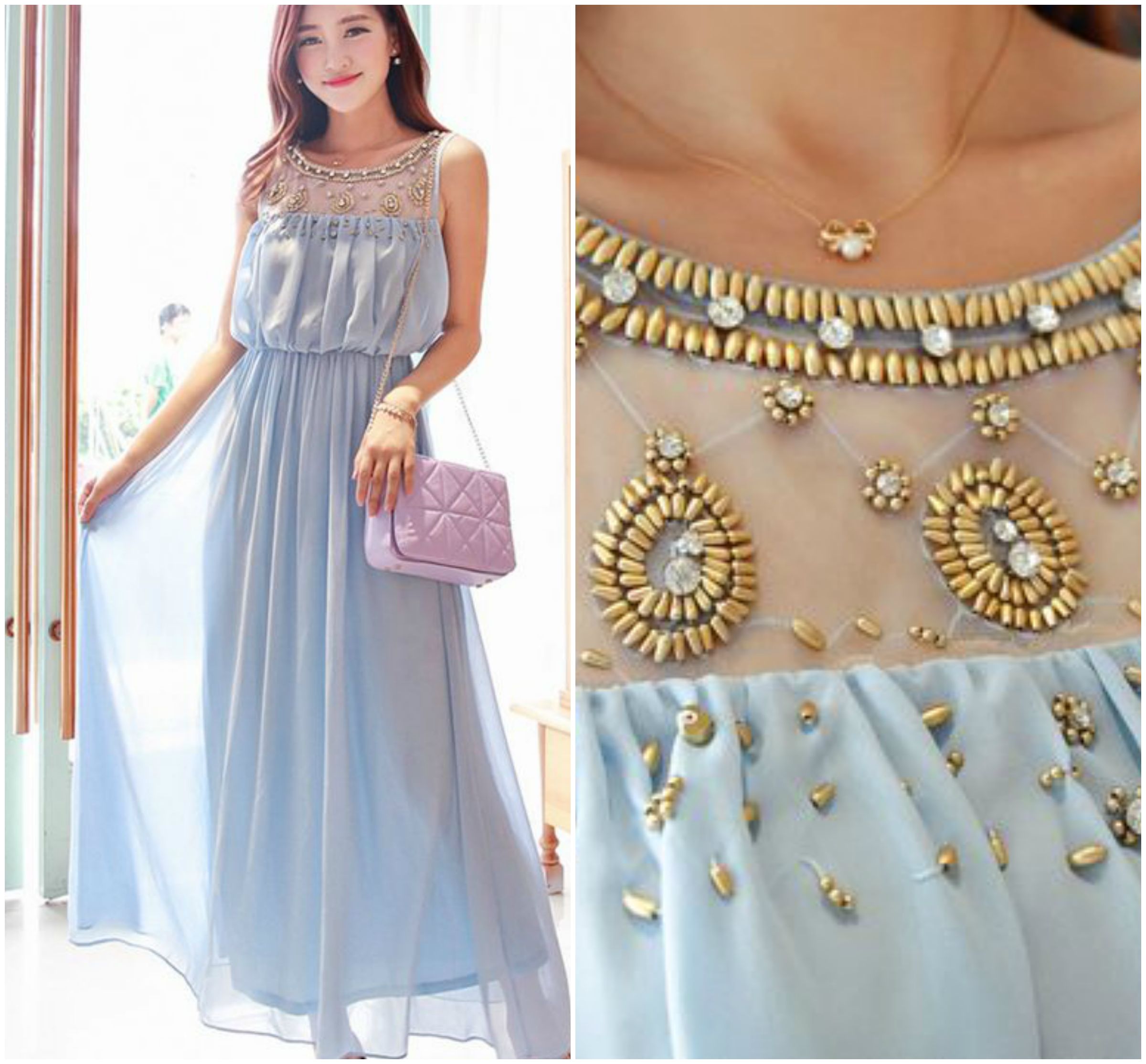 Luxury Design Beaded Sleeveless Maxi Dress In White And Azure on Luulla