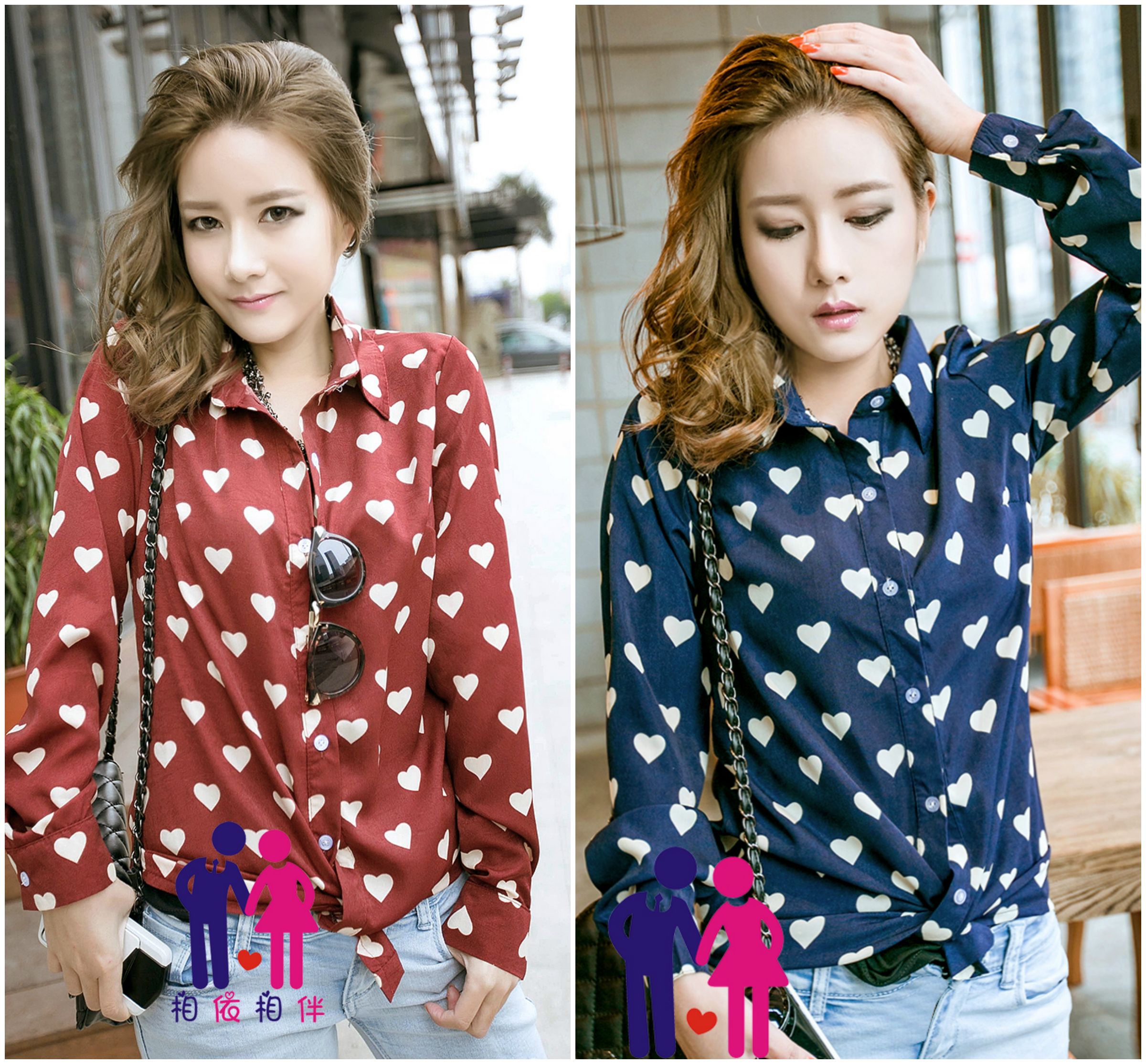 Adorable Retro Heart Print Long Sleeve Top In Red And Blue on Luulla