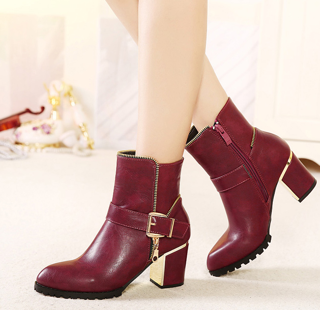 Classy Wine Red Side Zipper Design Chunky Heel Boots In Wine Red on Luulla