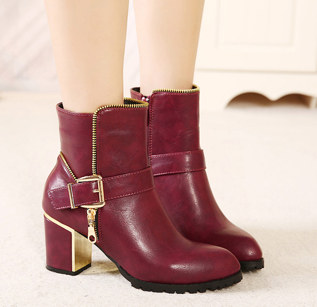 Classy Wine Red Side Zipper Design Chunky Heel Boots In Wine Red on Luulla
