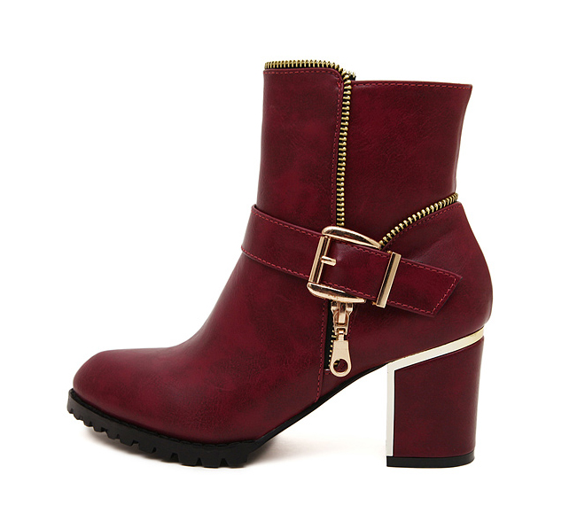 Classy Wine Red Side Zipper Design Chunky Heel Boots In Wine Red on Luulla