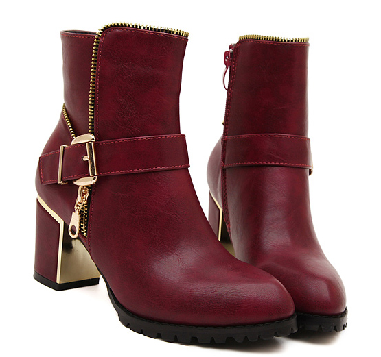 Classy Wine Red Side Zipper Design Chunky Heel Boots In Wine Red on Luulla
